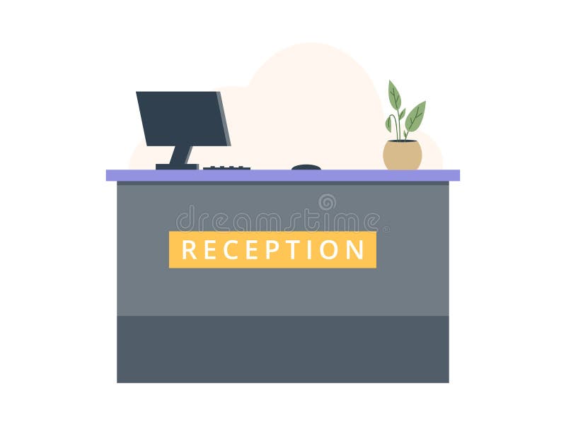 Reception Rack with Computer and Plant Flat Style, Vector Illustration ...