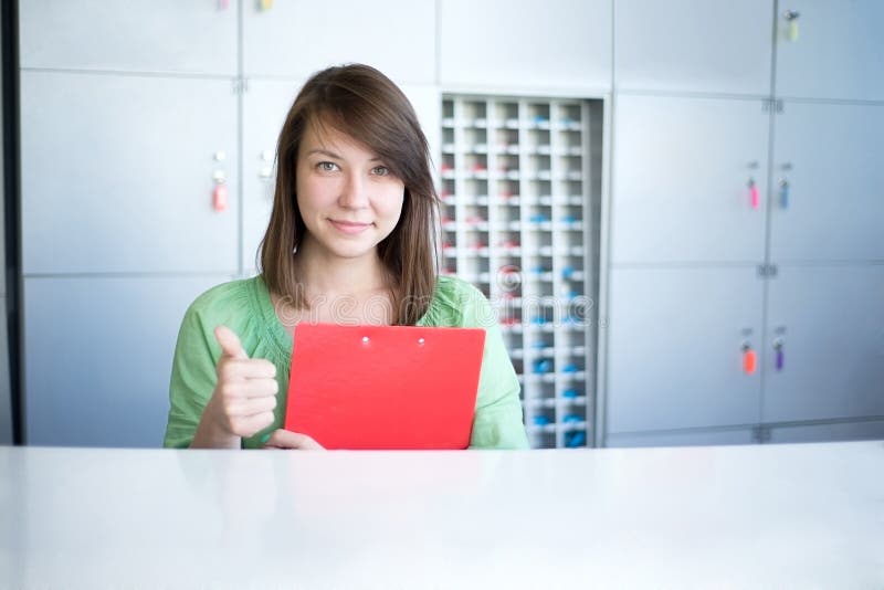 Reception. Sales Consultant with Red Folder in Hands Stock Photo ...