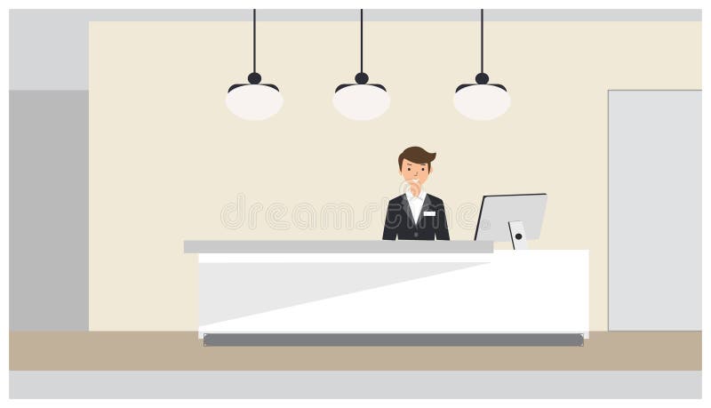 Receptionist at Front Desk with Computer System Stock Vector ...