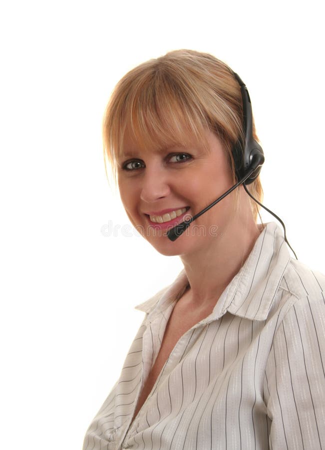 Friendly Mixed Race Receptionist Wearing Phone Head Set Stock Photo ...