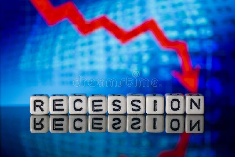 Recession Concept Dice Letters Sign Red Graph Arrow Blue Background ...