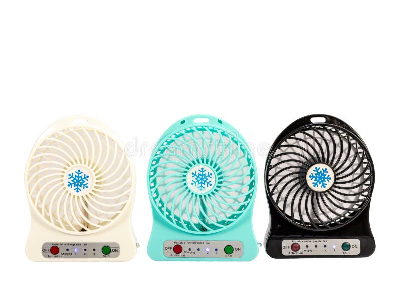 Rechargeable White, Blue and Black Small Fan on White Background Stock ...