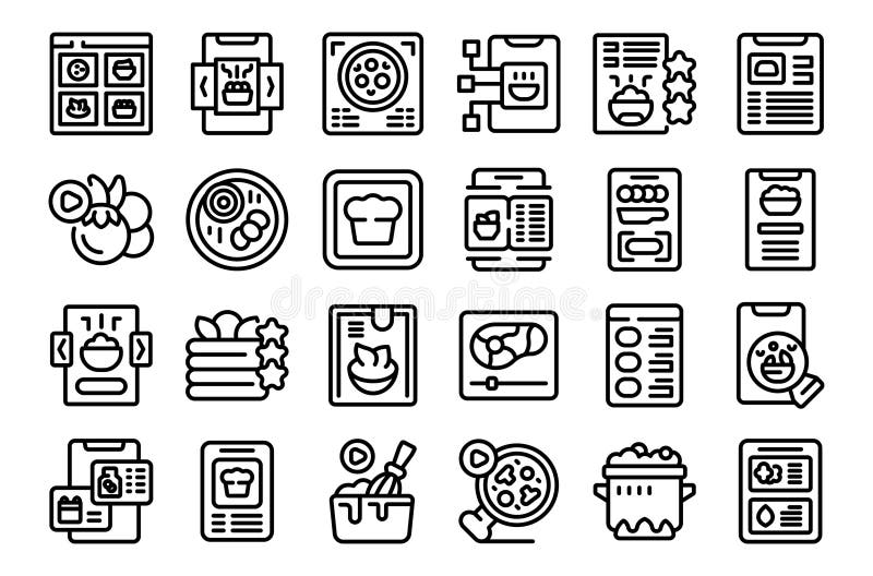 Recipe App Icons Set Outline Vector. Technology Kitchen Stock Vector ...