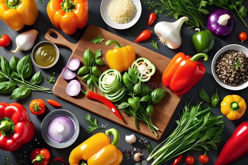 Recipe Background Featuring Fresh Food Arranged on a Sleek Black Table ...