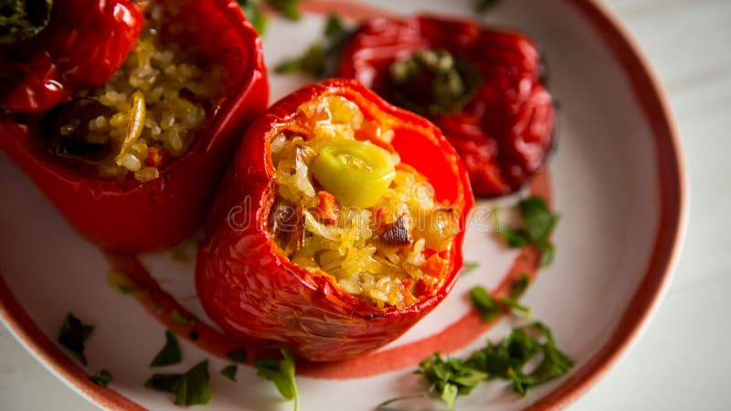 Baked Peppers Stuffed with Rice and Vegetables. Stock Image - Image of ...