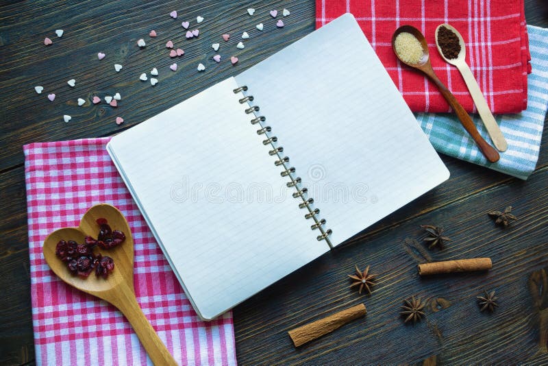 Recipe Book and Ingredients for Baking on Kitchen Table. Copy Space ...
