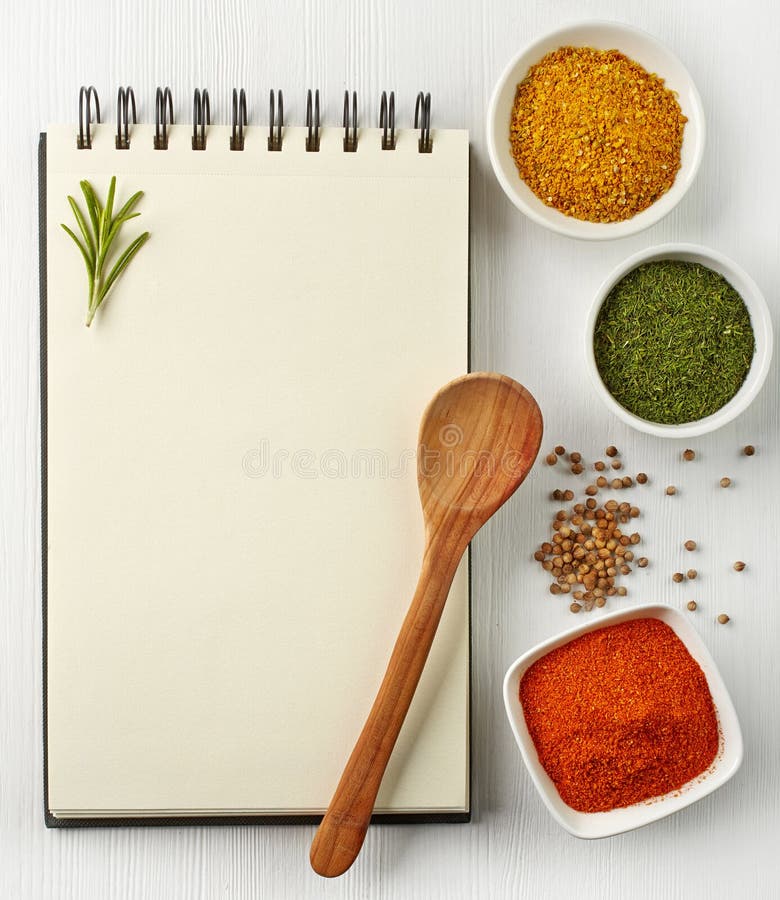Vegetable Recipe. Open Menu Book with Fresh Herbs and Spices on Stock ...