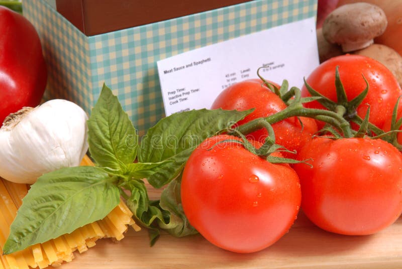 Recipe Box with Ingredients for Spaghetti Stock Image - Image of brown ...