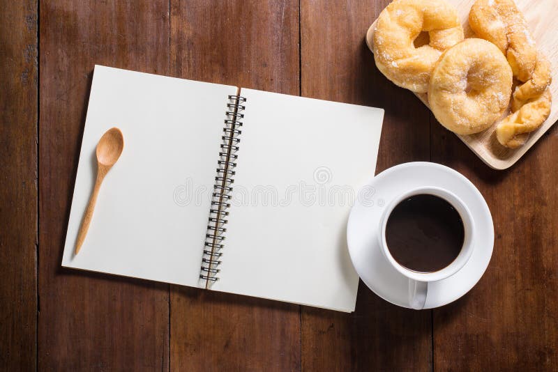 Recipe Notebook, Donuts, Coffee Cup on Wooden Background, Top Vi Stock ...