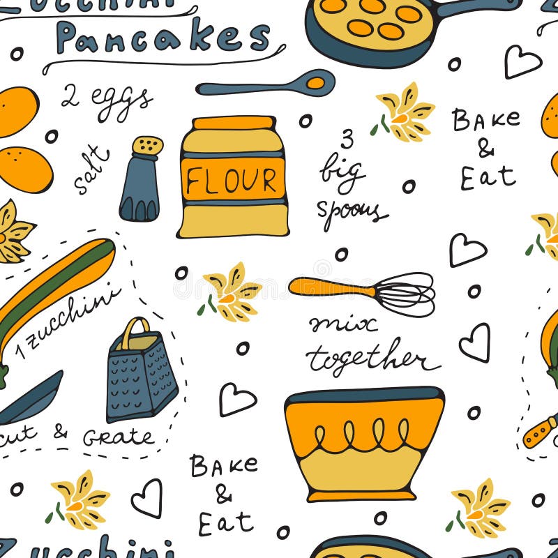 Recipe Pattern. Seamless Pattern with Zucchini Pancakes Recipe Stock ...