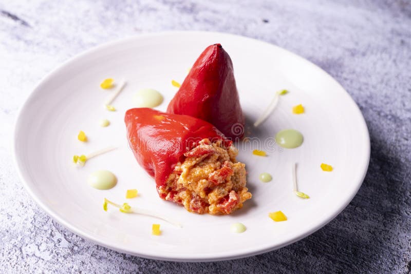 Red Piquillo Peppers Stuffed with Bechamel and Vegetables. Stock Image ...