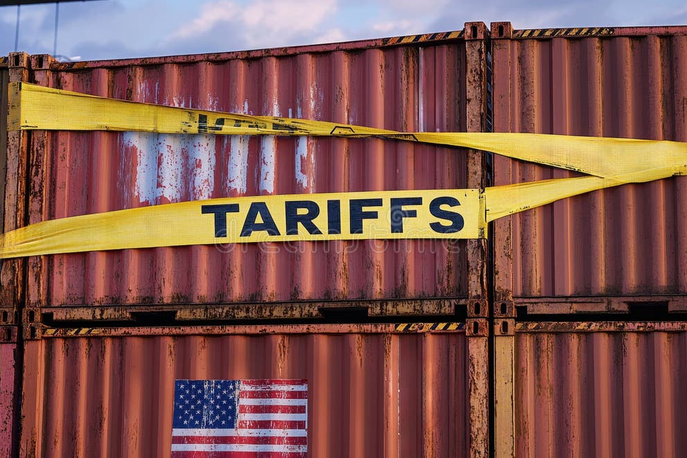 Reciprocal Tariffs Concept . Containers with Yellow Tape with Tariffs ...