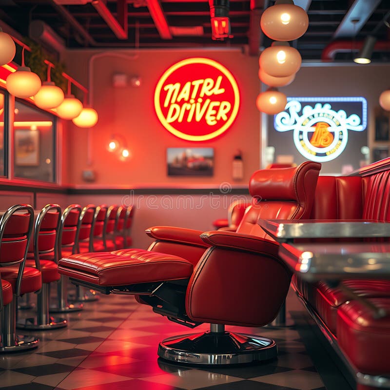 A Recliner in a Retro Diner Setting with Bright Neon Lights and a Shiny ...