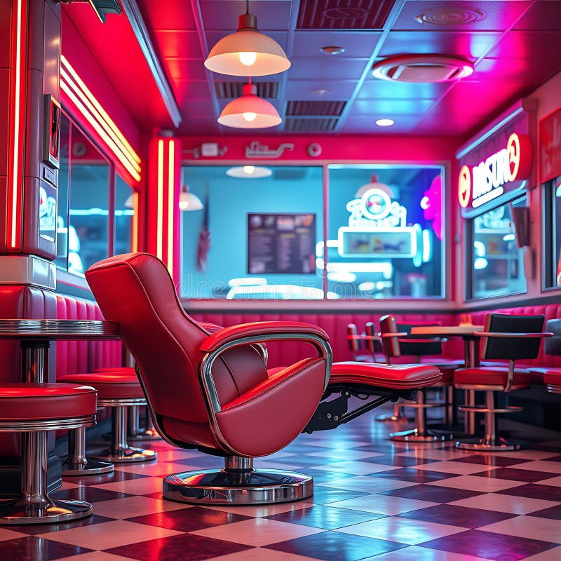 A Recliner in a Retro Diner Setting with Bright Neon Lights and a Shiny ...