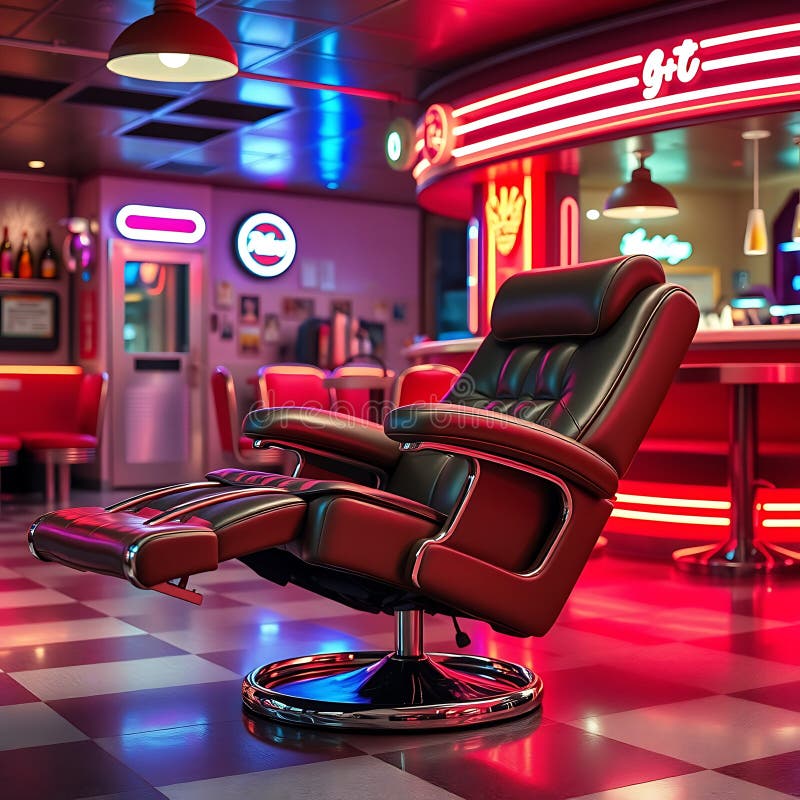 A Recliner in a Retro Diner Setting with Bright Neon Lights and a Shiny ...
