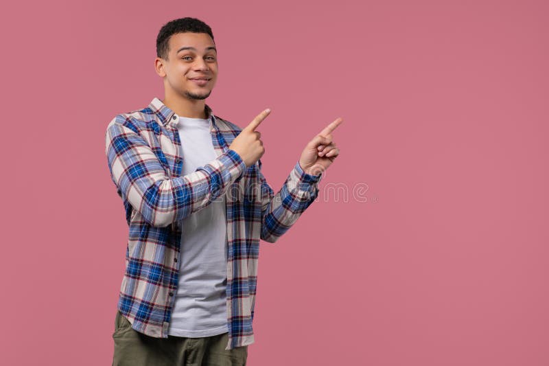 Recommending Man Pointing Right Side, Copy Space.Male Model Presenting ...