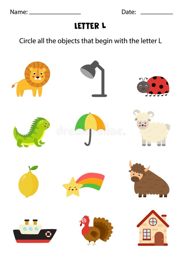 Reconhecimento De Carta Para Crianças Circundar Todos Os Objetos Que Começam Com L Ilustração