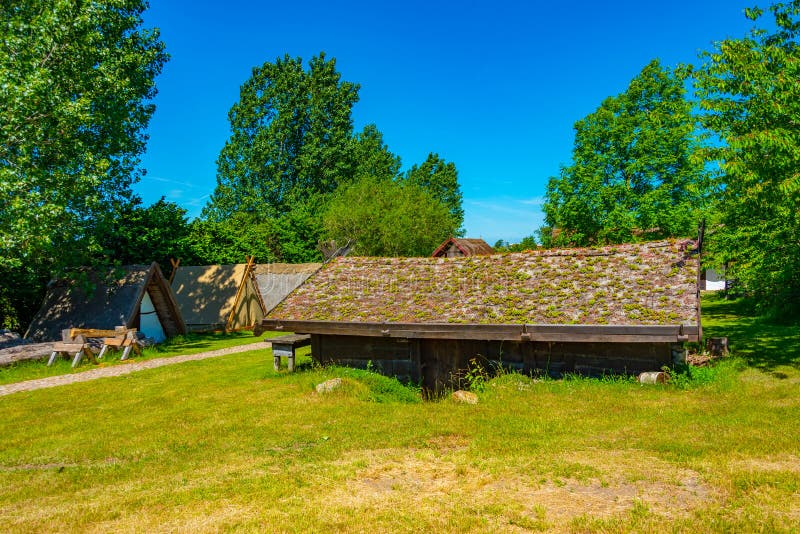 Reconstructed Viking Houses at Trelleborg, Denmark Stock Photo - Image ...