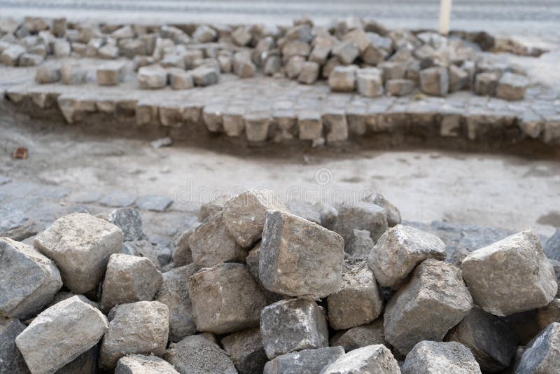Reconstruction of Grey Old Stone Pavement, Granite Cobblestone Road ...