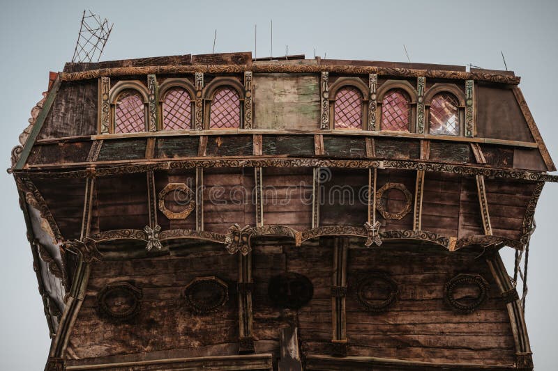Reconstruction. the Stern of an Old Sailboat with Windows on Board ...