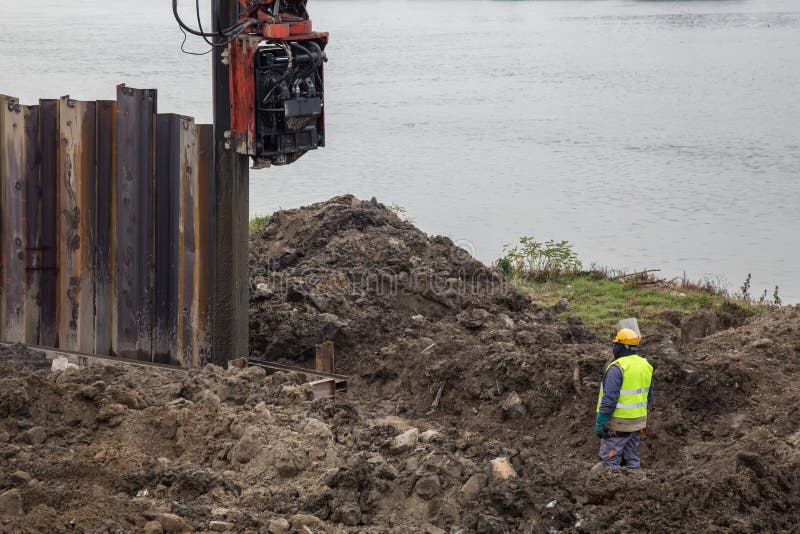 Reconstruction Work at the River Bank Stock Photo - Image of lift ...