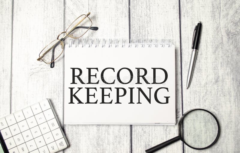 RECORD KEEPING Words on Notepad and Pen, Calculator and Glasses Stock ...