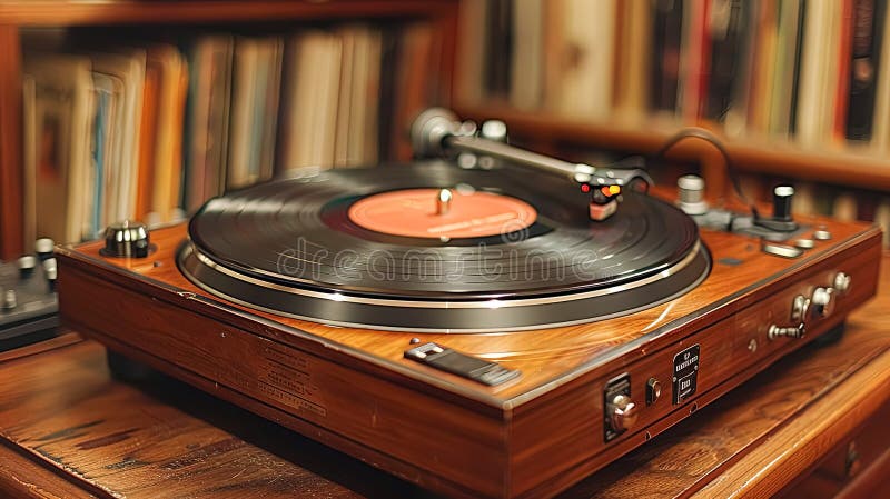 A Record Player Sits on a Wooden Table with a Stack of Books Behind it ...