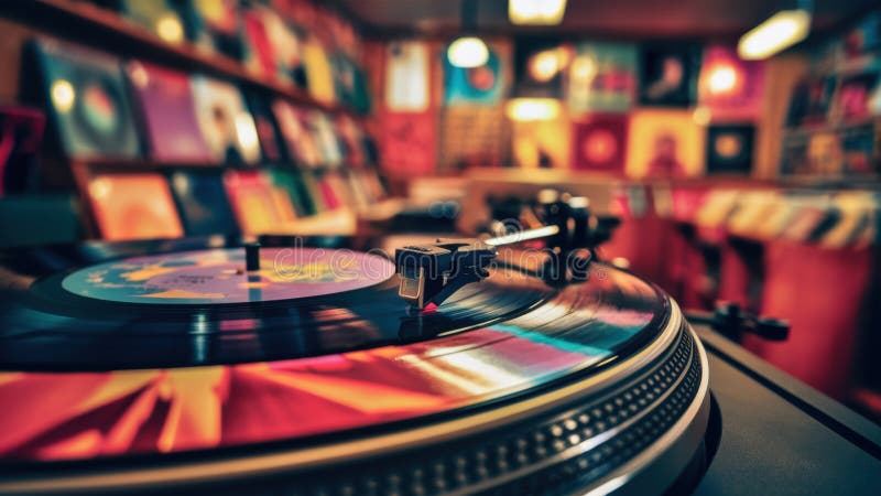 A Record Player Sitting on a Turntable in Front of Many Records, AI ...