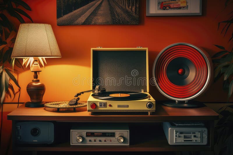 Record Player on Table Next To Lamp Stock Image - Image of technology ...