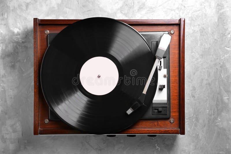 Record Player with Vinyl Disc on Grey Background Stock Image - Image of ...