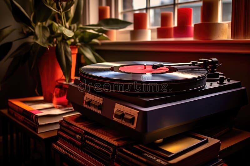 A Record Player with a Vinyl Disc beside a Stack of Albums Stock Photo ...