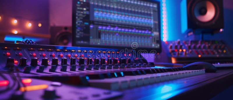 Record Studio Control Desk with a Computer Screen Showing DAW Software ...