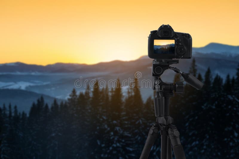 Recording Beautiful View of Mountain Landscape on Video Camera Stock ...