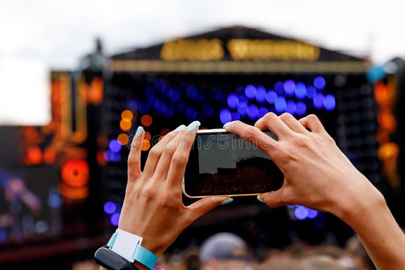 Recording a Concert on a Mobile Phone, Outdoor Stage Stock Image ...