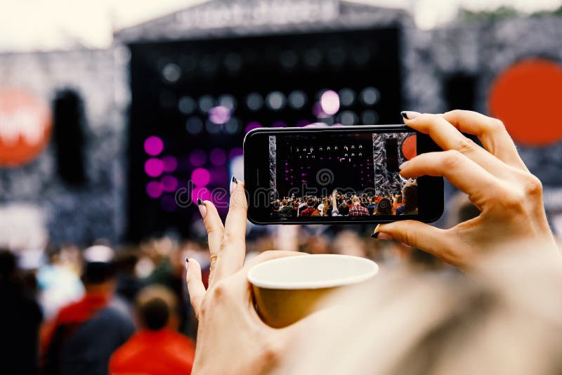 Recording a Concert on a Mobile Phone, Outdoor Stage Stock Image ...
