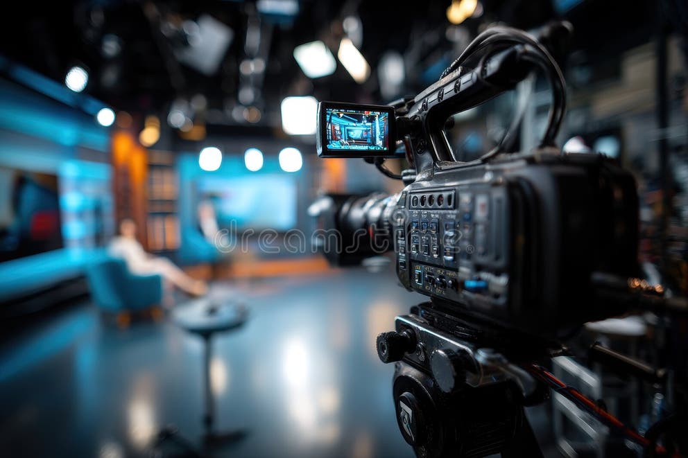 Recording an Interview on Camera in a Television Studio with a Blurred ...