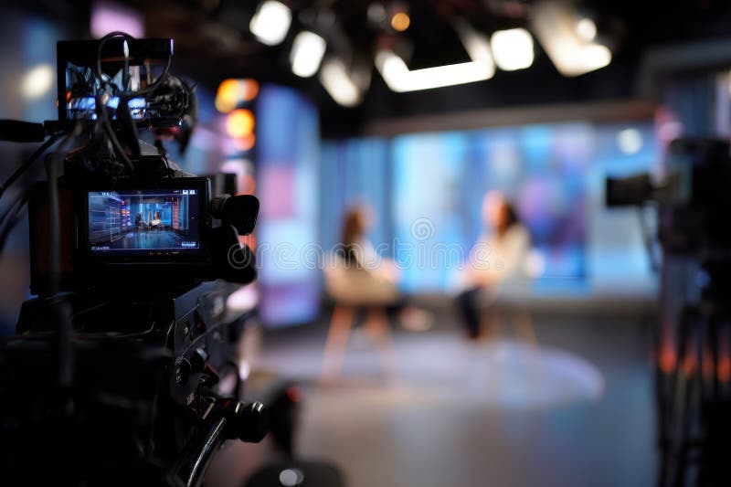 Recording an Interview on Camera in a Television Studio with a Blurred ...