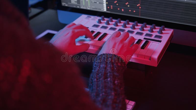 Recording Midi Keyboard Notes in Sequencer in Home Studio, Neon Lights ...