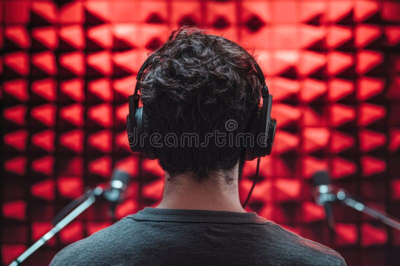 Recording Podcast with Headphones in Front of Creative Soundproof Wall ...