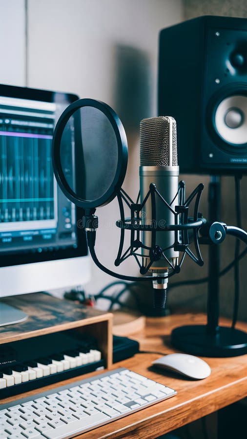 Recording Setup with Audio Waveforms, Microphone, and Home Studio ...