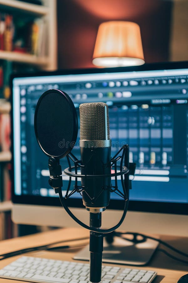 Recording Setup with Microphone and Computer Screen Stock Illustration ...