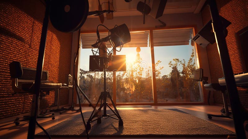 Studio Microphone with Audio Waveform on Concrete Wall Background ...