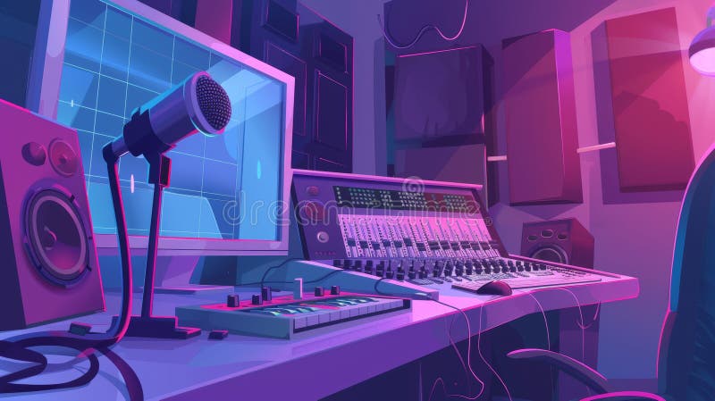 Recording Studio Cartoon Illustration of a Singer Microphone and Mixer ...