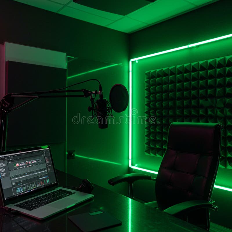 Recording Studio with Dim Green Lighting. a Microphone is Mounted on an ...