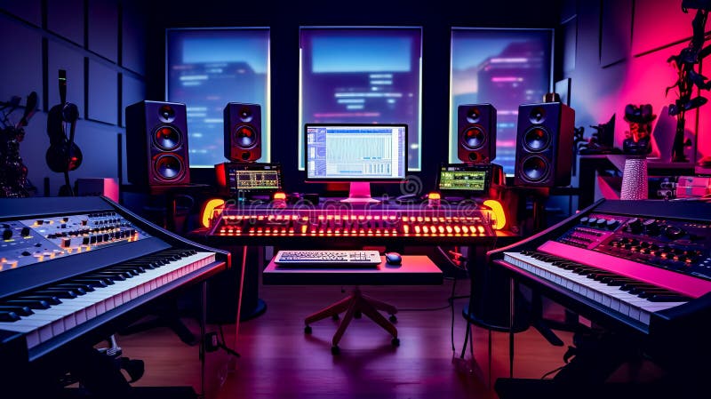 Recording Studio with Multiple Monitors, Keyboards, Keyboards, and ...