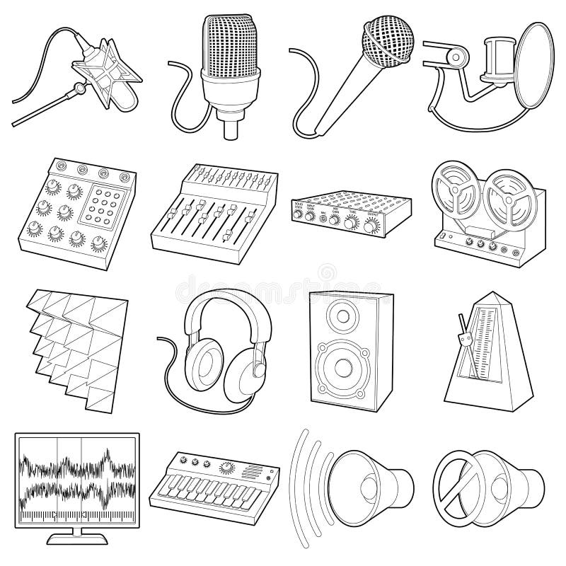 Recording Studio Symbols Icons Set, Outline Style Stock Vector ...