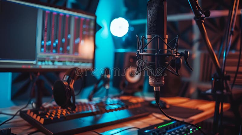 A Recording Studio with Two Computer Monitors and Microphone in Front ...