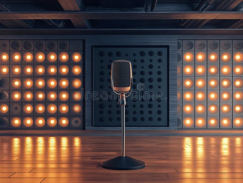 Recording Studio, Warm Lighting, Grid Wall, Vintage Microphone, Retro ...