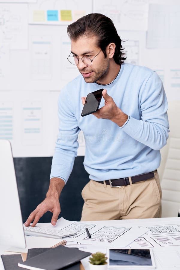 Recording Voice Message for Colleague Stock Image - Image of confidence ...