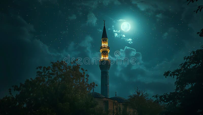 Recreation of Alminar of a Mosque a Full Moon Night Stock Illustration ...